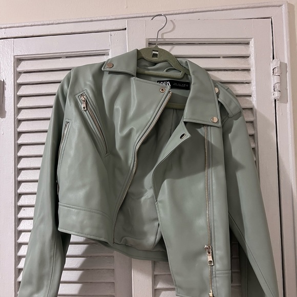 Zara | Jackets & Coats | Zara Mint Green Vegan Leather Moto Jacket ...